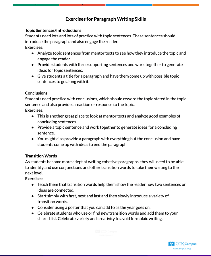 Exercises For Paragraph Writing Skills Resource Library Cox Campus